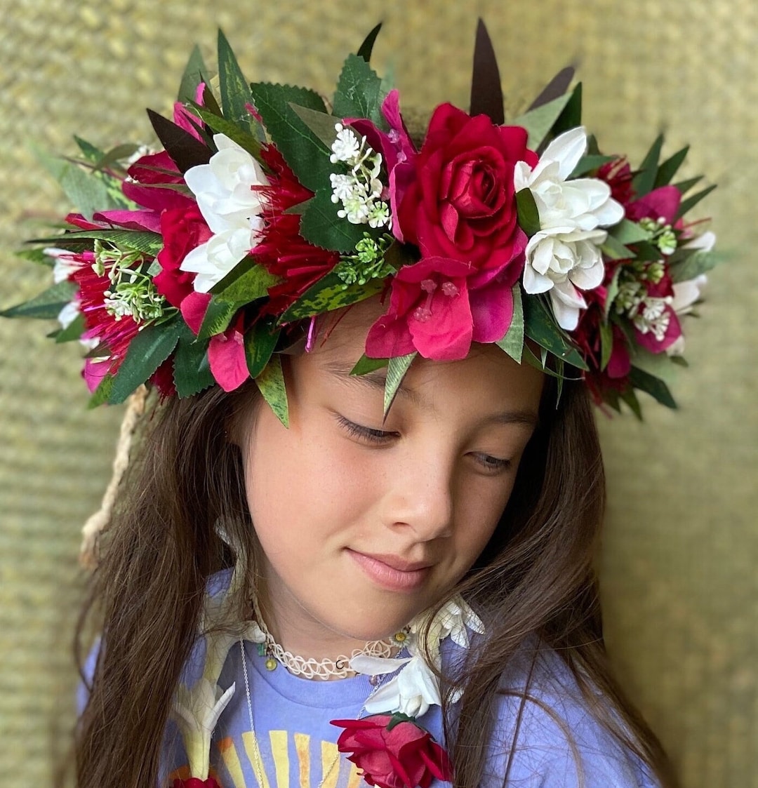 Bridal Hawaiian Flower Crown: Tropical Wedding Lei Po'o With Silk Roses ...