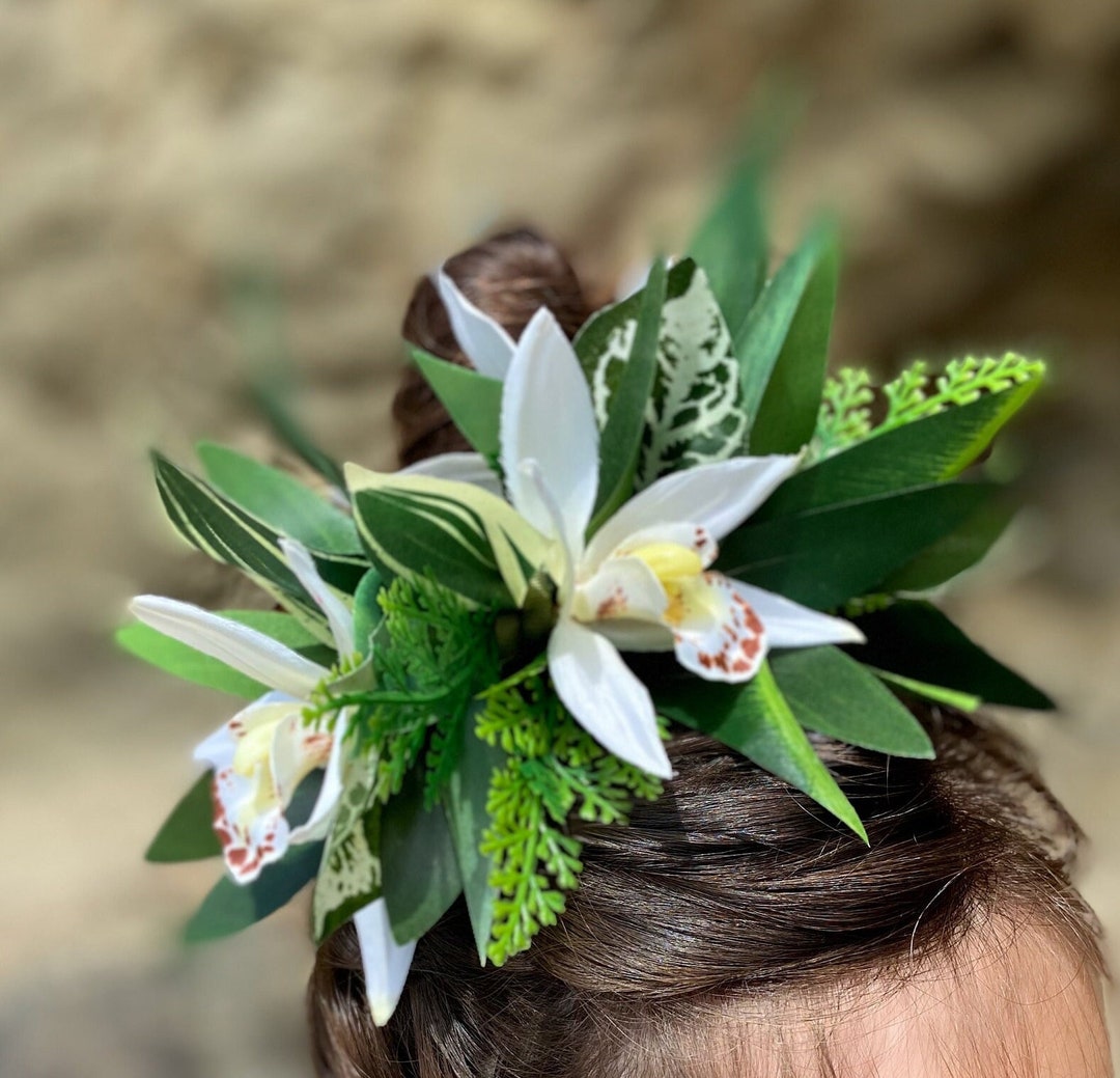Silk Ti Leaf & Orchid Kupe'e Hair Bun Wrap, Polynesian Hair Adornment ...