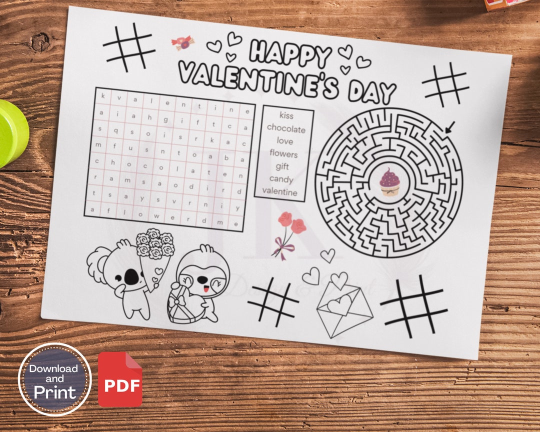 Kids Valentine Placemat, Valentine's Day Table, Printable Valentine's ...