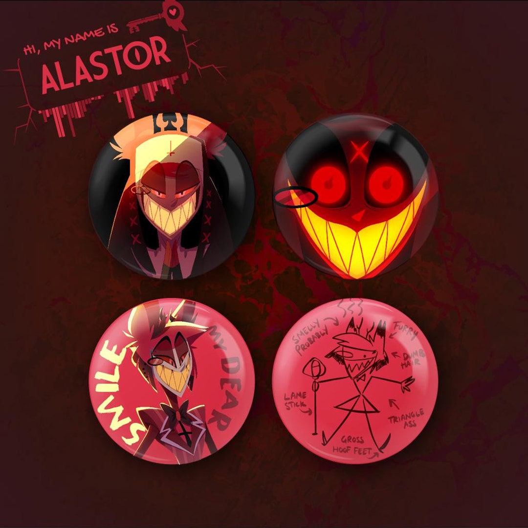 Alastor 4x Badge Set - Hazbin Hotel Character Collection | 44mm Fan Art ...