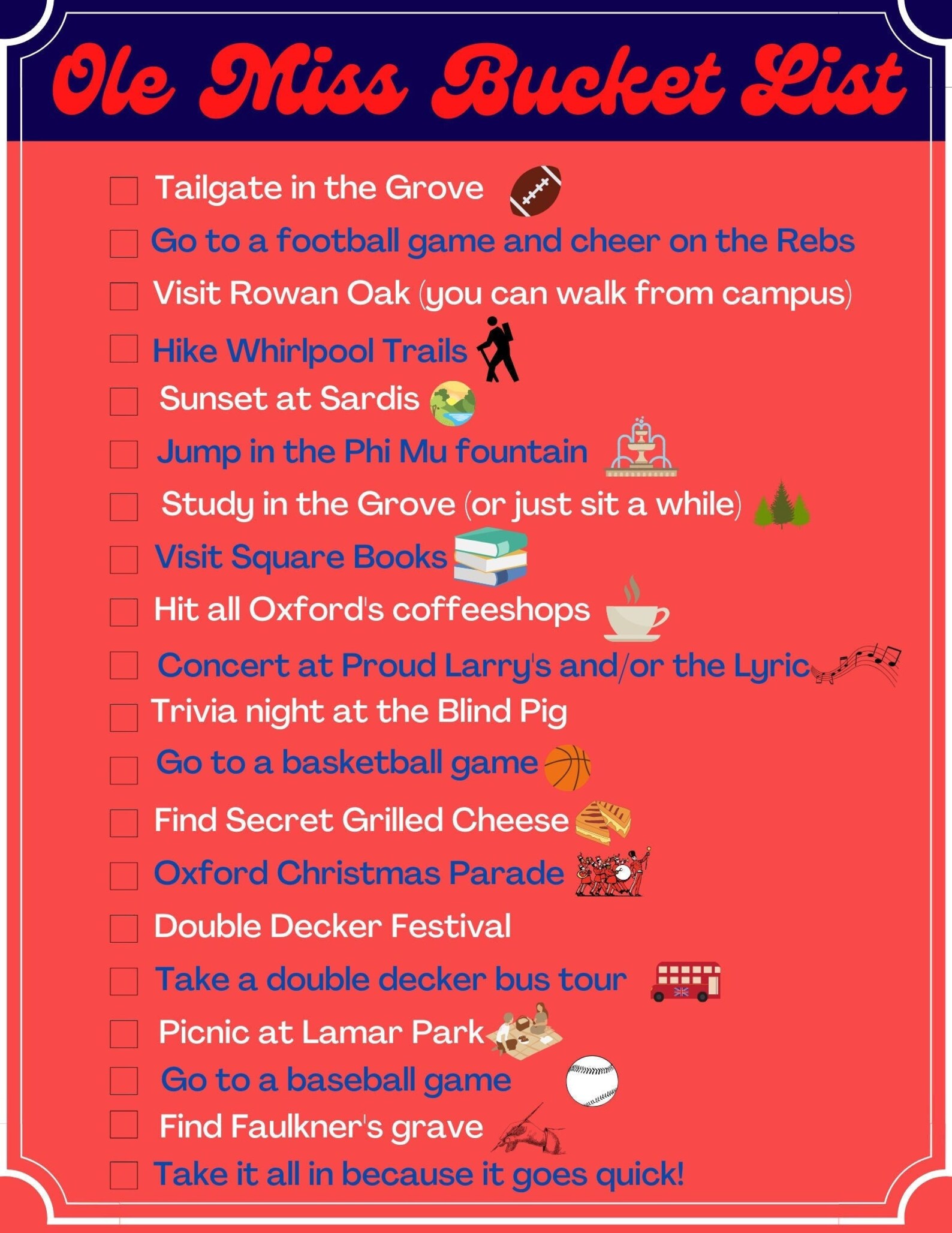 Ole Miss Bucket List, Freshman Checklist, University of Mississippi ...