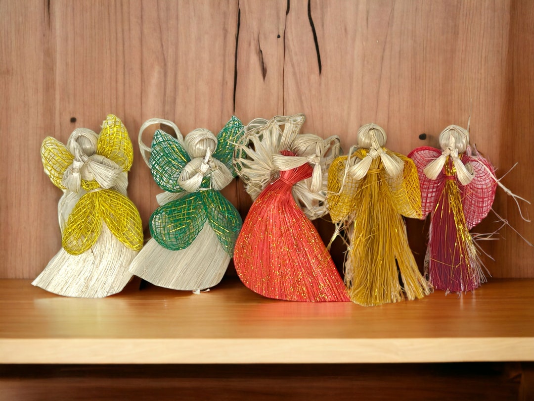 Hand-crafted 4.5 Abaca Angel Christmas Ornaments Set of 5 Assorted ...