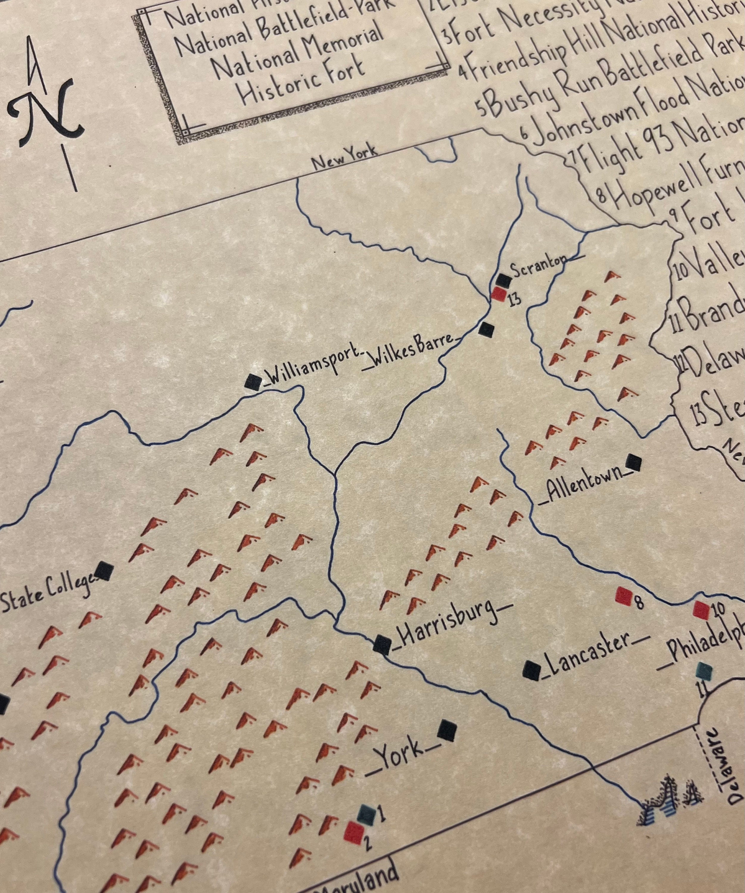 Hand-drawn Pennsylvania Map Print: Historic Sites on Parchment - Etsy