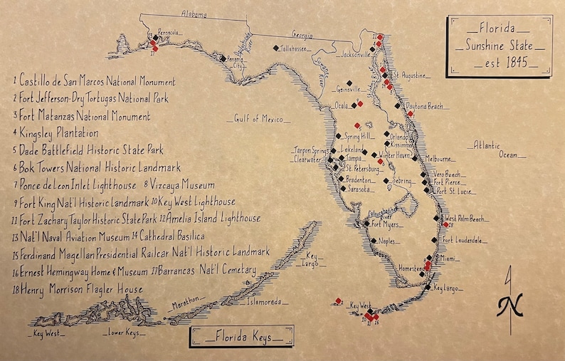 Florida Hand Drawn Map, Florida State Map, FL Map, Old Florida Map ...