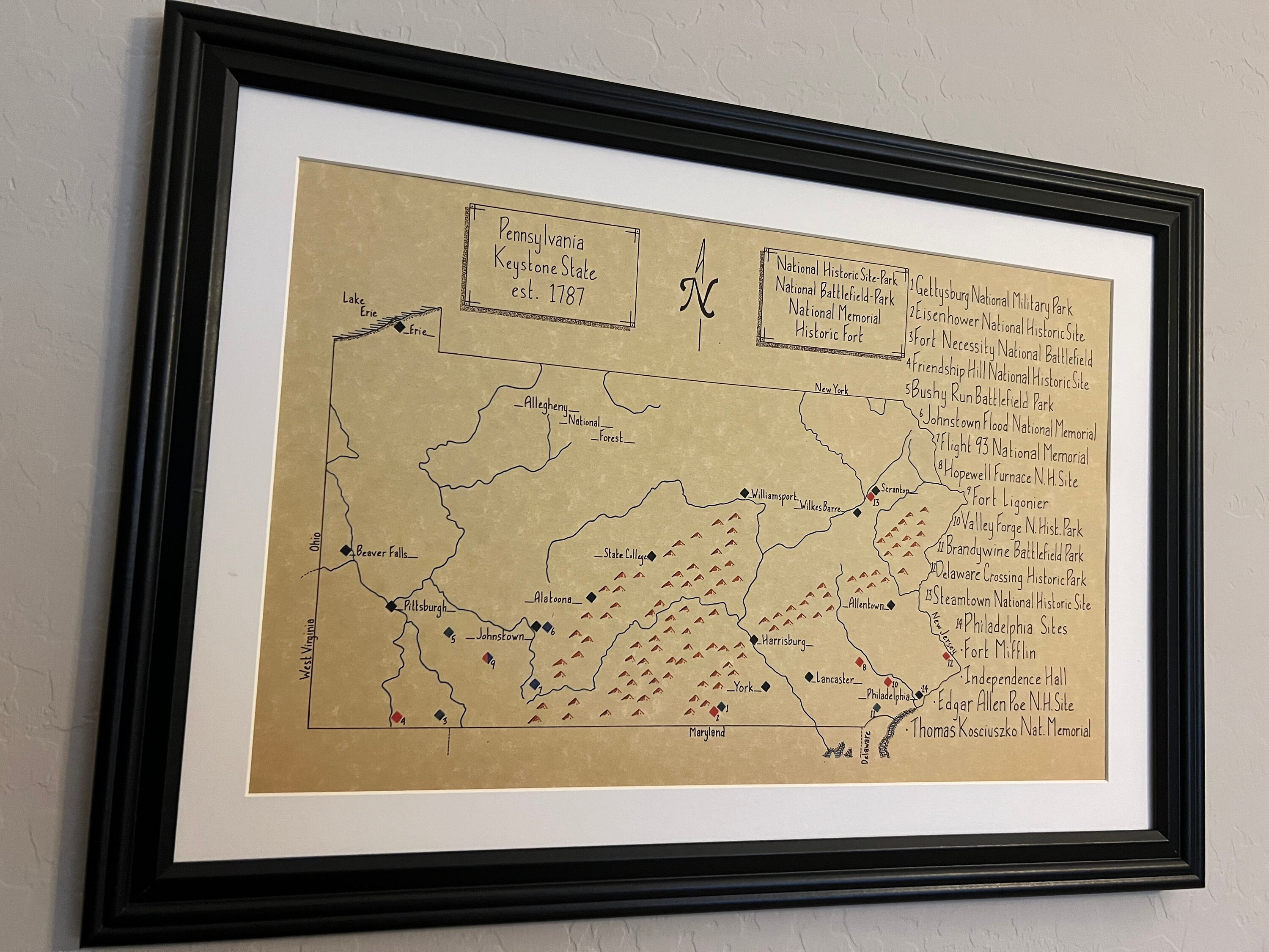 Hand-drawn Pennsylvania Map Print: Historic Sites on Parchment - Etsy