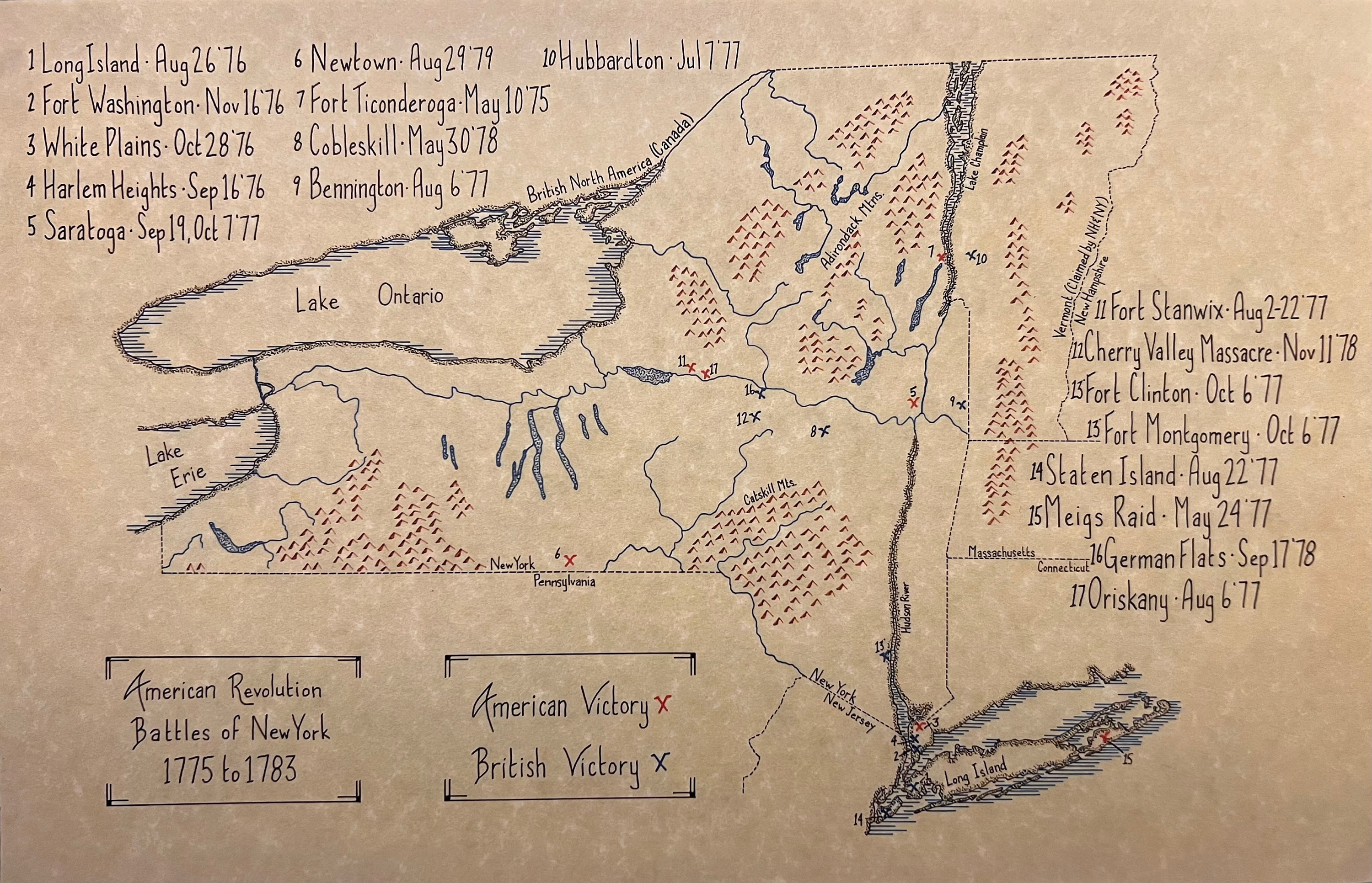 Revolutionary War Battles of New York Hand Drawn Map, War Map, American ...