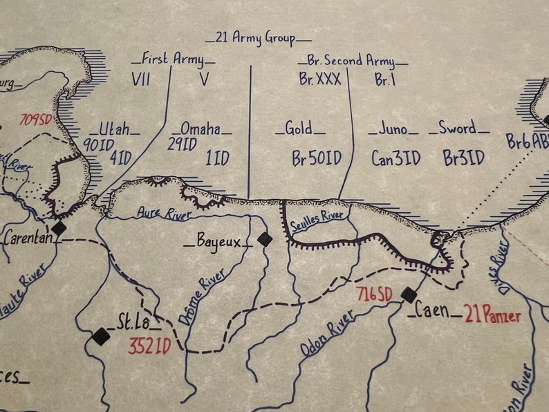 World War II D-day Hand Drawn Map, War Map, World War II Map, World War ...