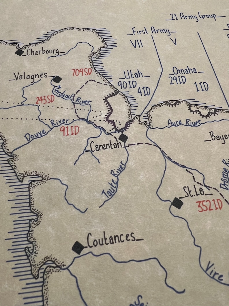 World War II D-day Hand Drawn Map, War Map, World War II Map, World War ...