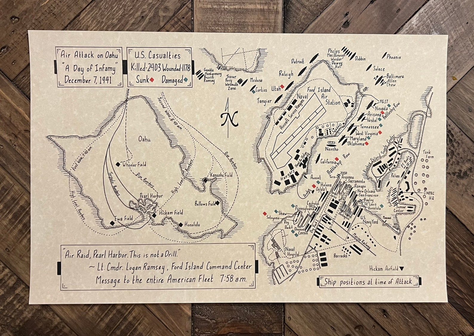Pearl Harbor Hand Drawn Map, War Map, World War II Map, World War 2 Map ...