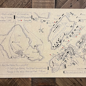 Pearl Harbor Hand Drawn Map, War Map, World War II Map, World War 2 Map ...