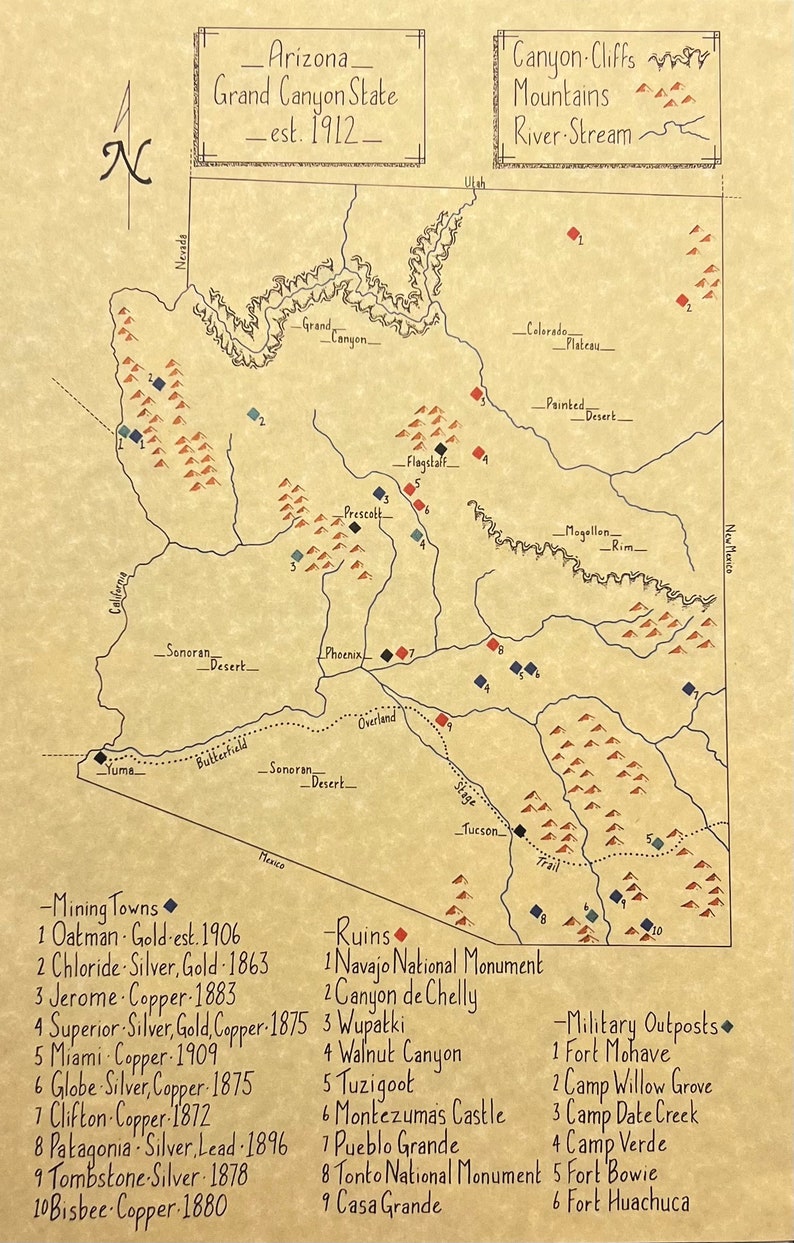 Arizona Map Print: Hand-drawn Vintage Style on Parchment - Etsy
