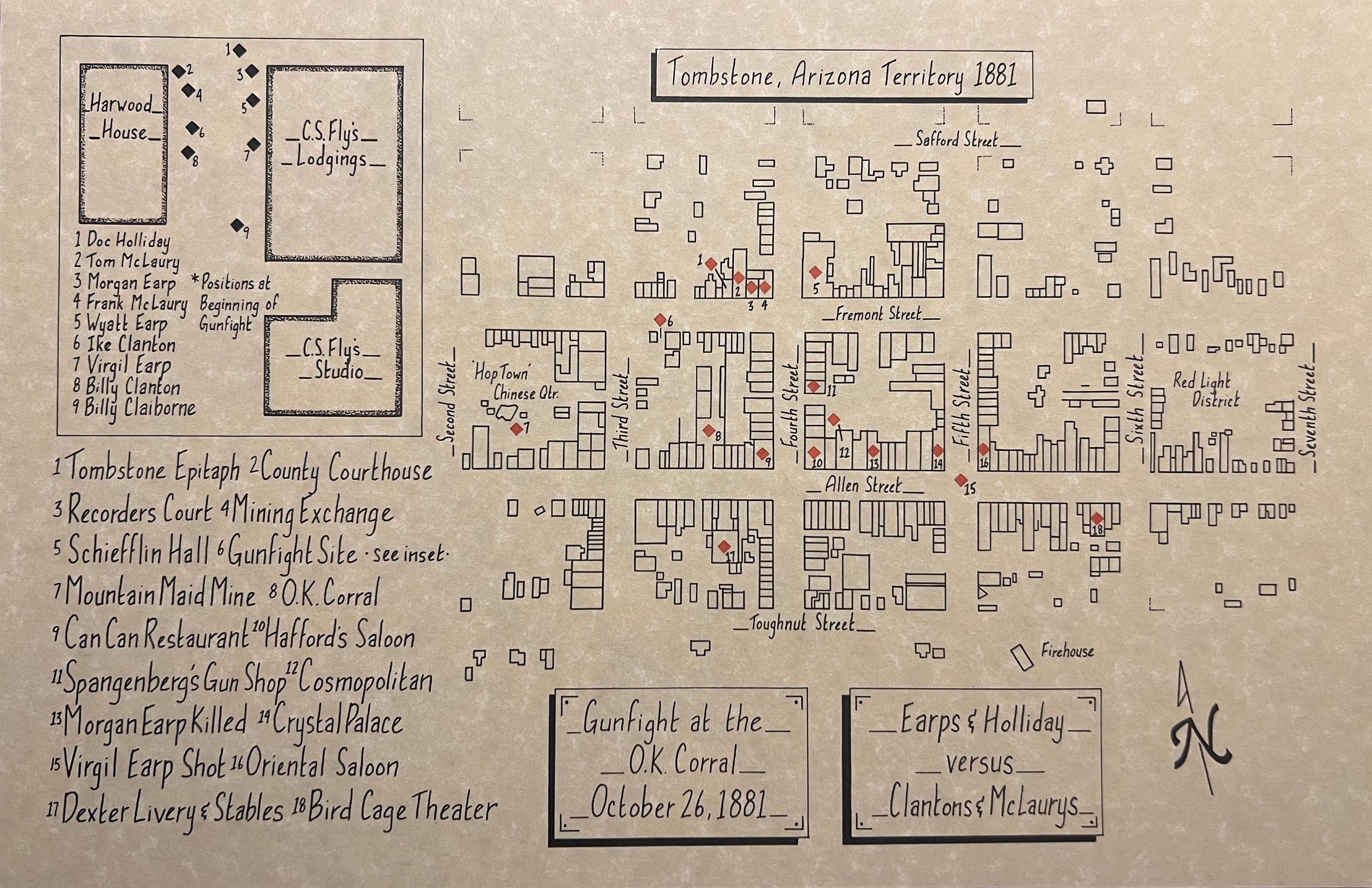 Tombstone Gunfight at the O.K. Corral Hand-drawn Map, OK Corral Map ...