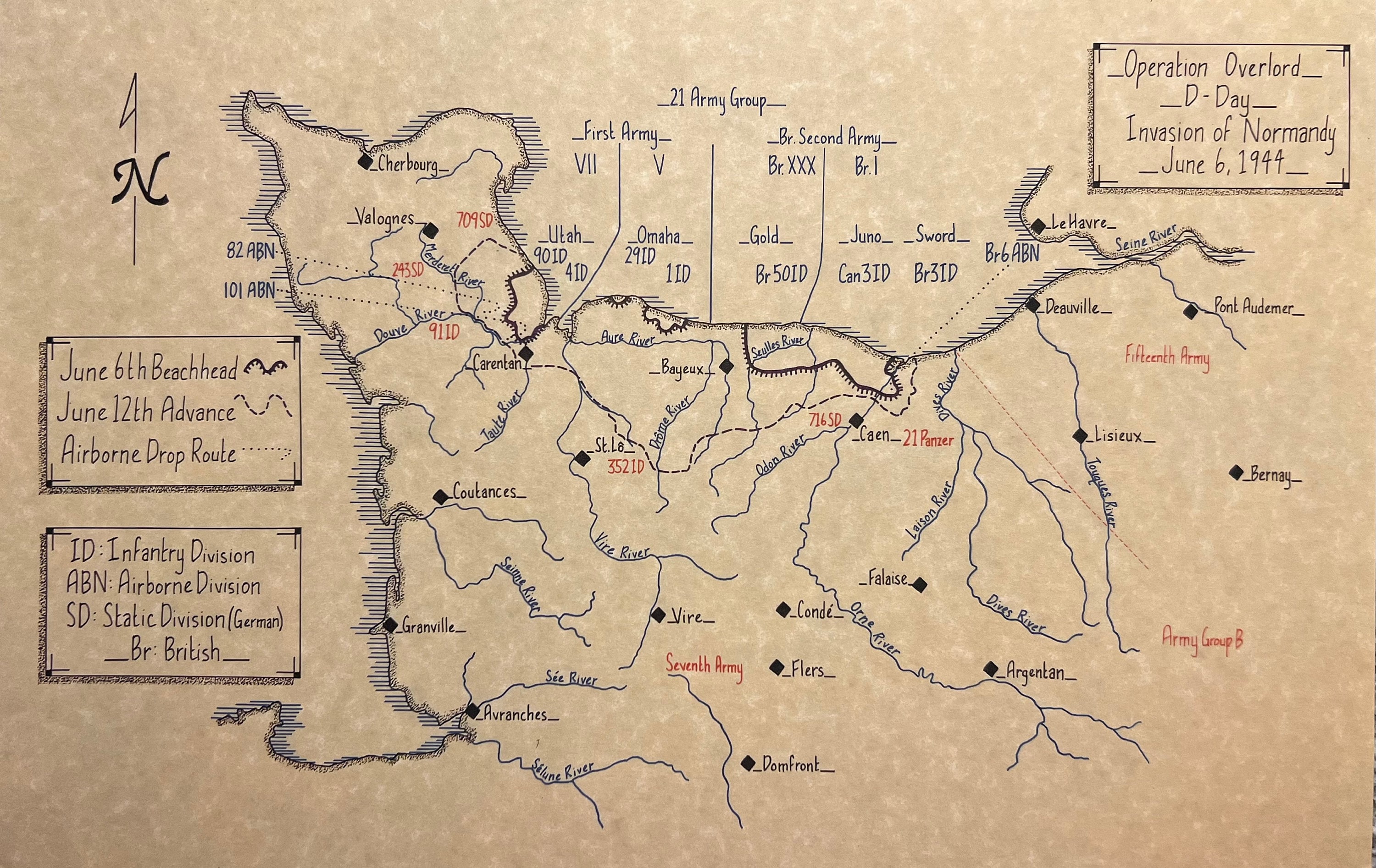 World War II D-day Hand Drawn Map, War Map, World War II Map, World War ...
