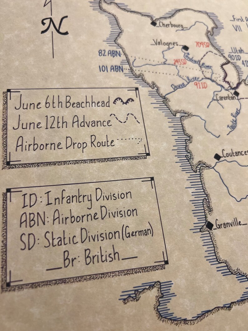 World War II D-day Hand Drawn Map, War Map, World War II Map, World War ...