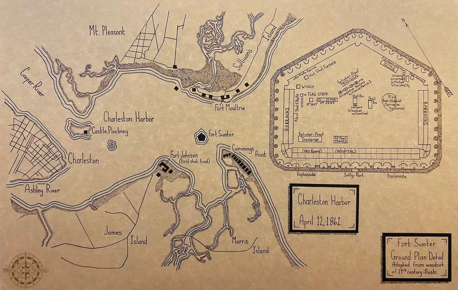 American Civil War Battle Series Fort Sumter Hand Drawn Map - Etsy Canada