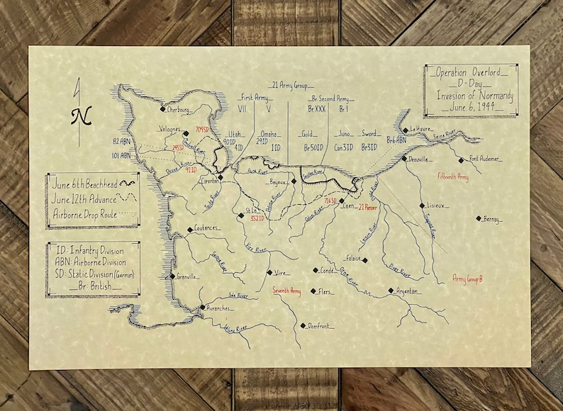 D-day WWII Map Print: Hand-drawn Operation Overlord, Normandy - Etsy