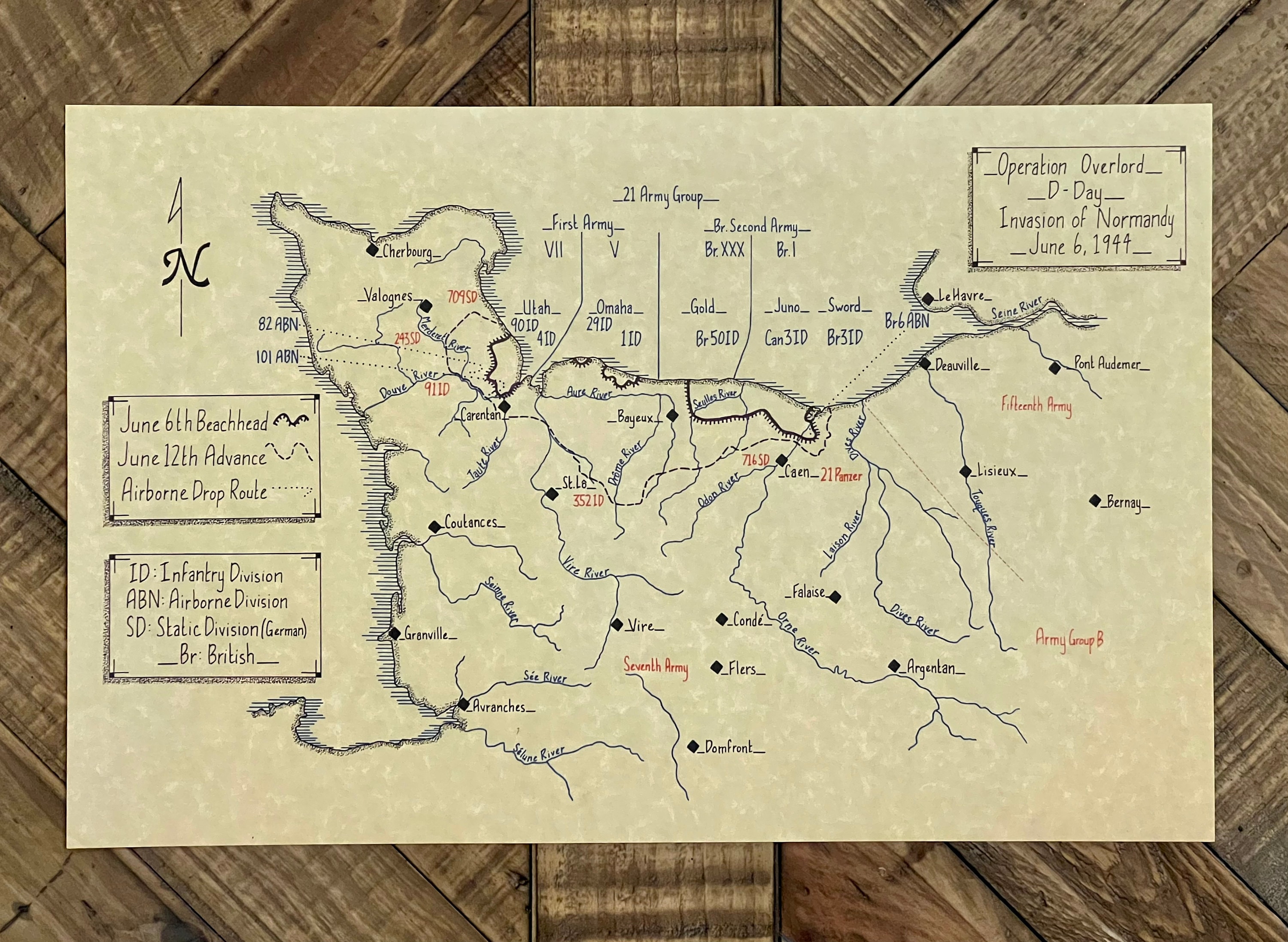 World War II D-day Hand Drawn Map, War Map, World War II Map, World War ...
