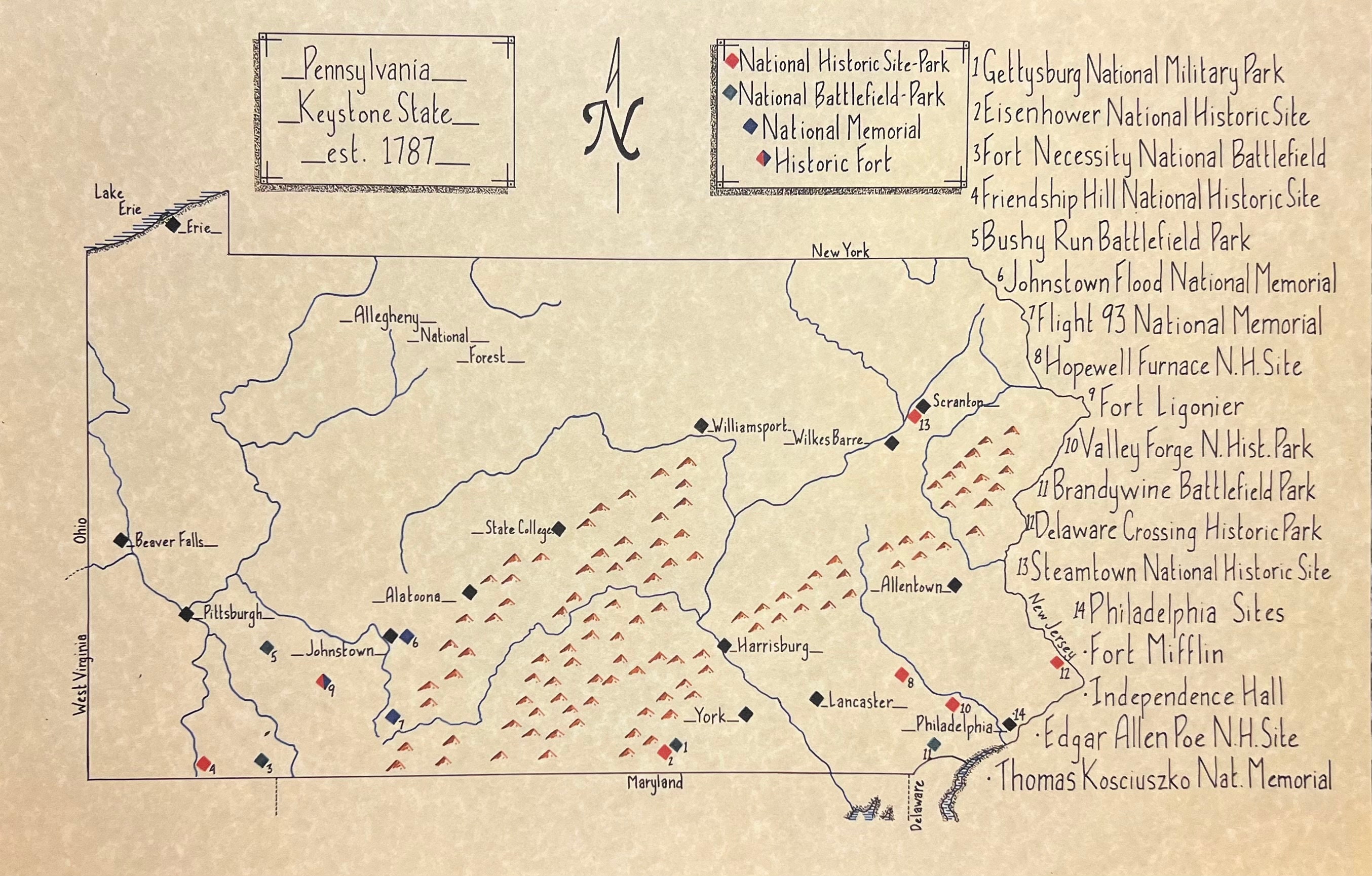 Pennsylvania Hand Drawn Map, Pennsylvania State Map, Map of ...