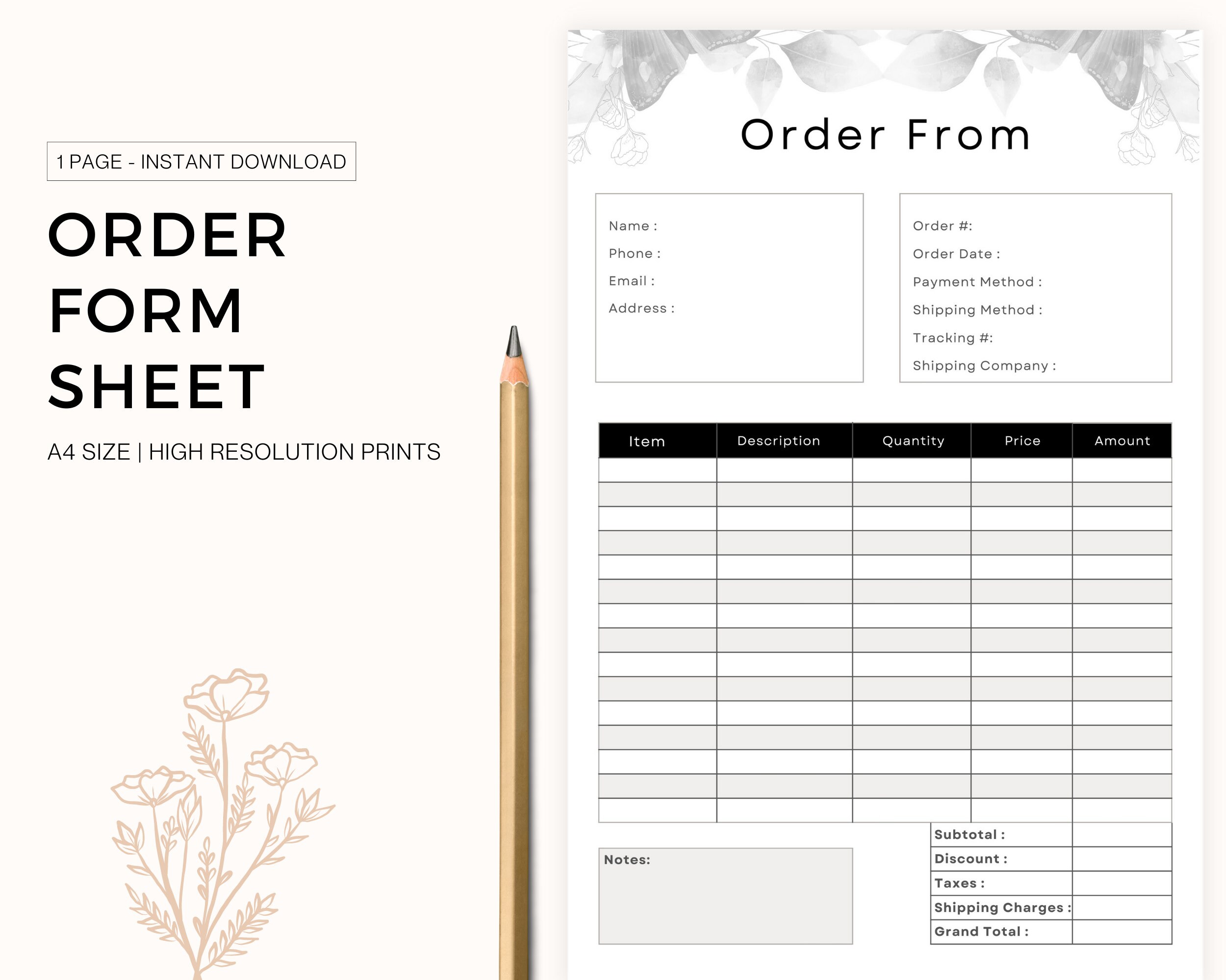 Order Form Template, Printable Order Form, Minimal Purchase Order Form ...