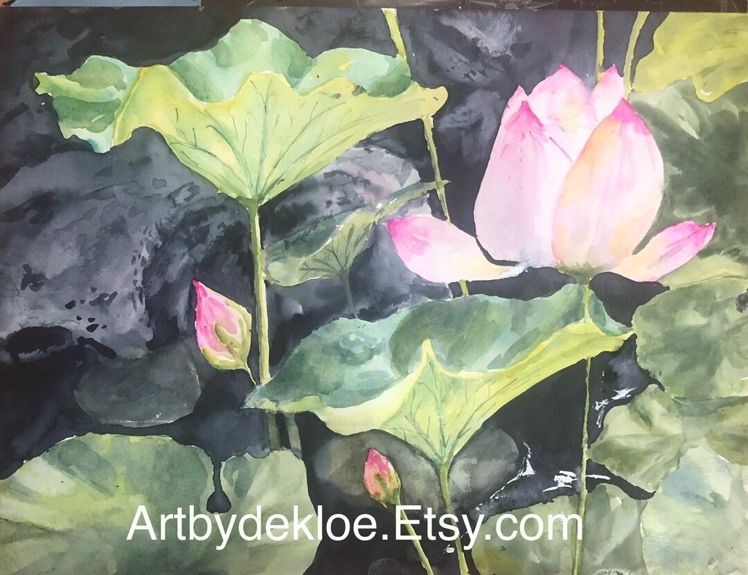 Lotus Flowers in a Pond Watercolor - Etsy