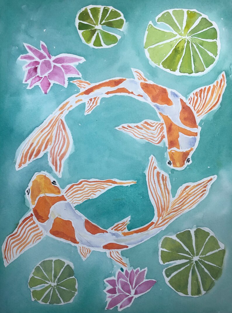 Koi Fish in Pond With Lily Pads and Lotus Flowers Watercolor - Etsy
