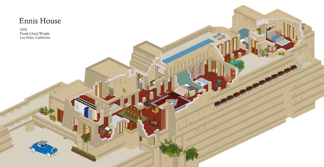 Ennis House. Illustration Print 35" X 18" Frank Lloyd Wright - Etsy