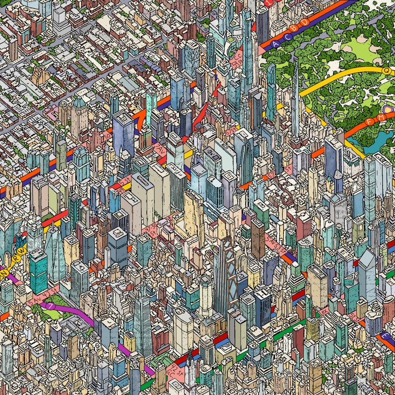 Map of NYC Manhattan 33 X 46.5 Inches With Transit - Etsy