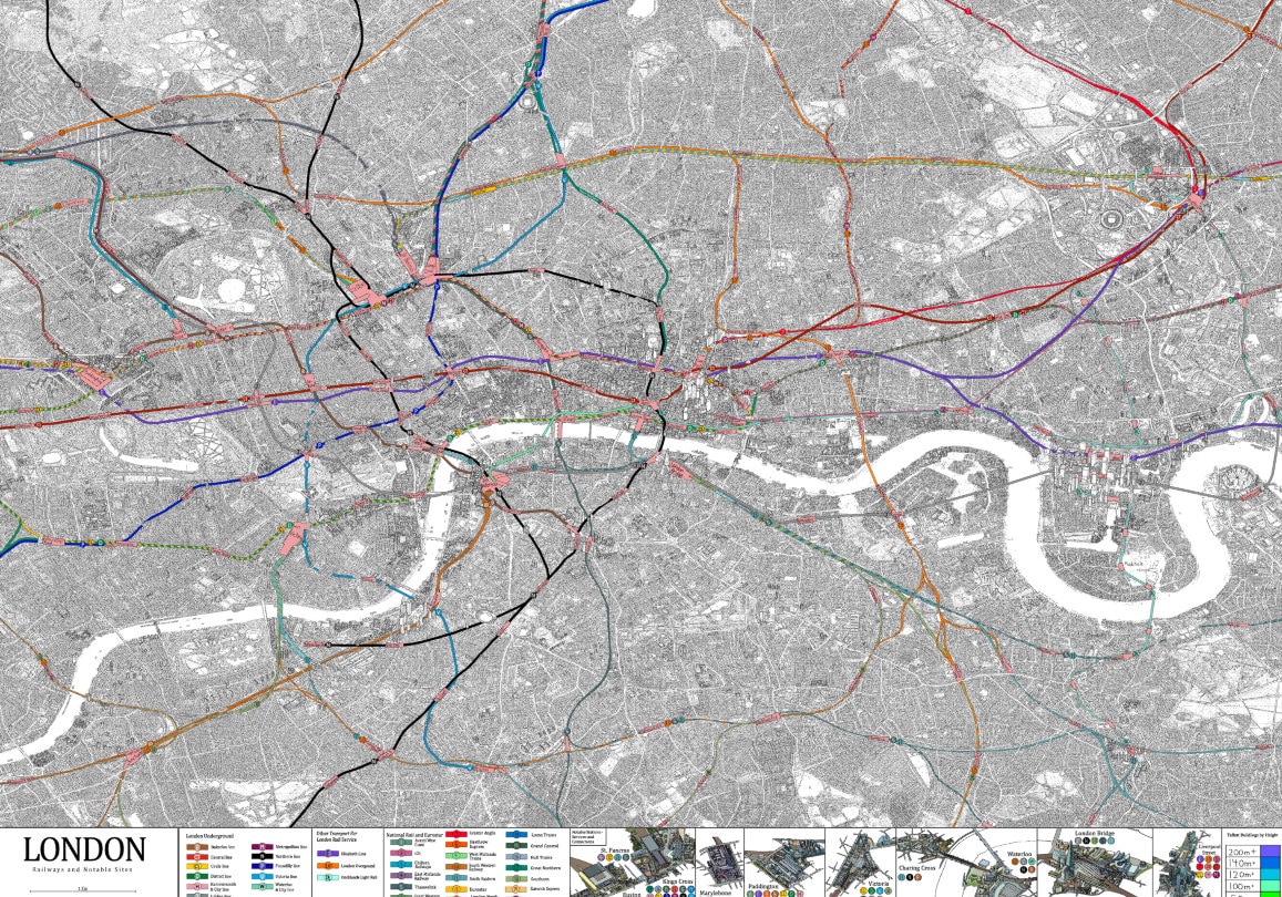 Map of London Showing Rail Lines and Buildings - Etsy