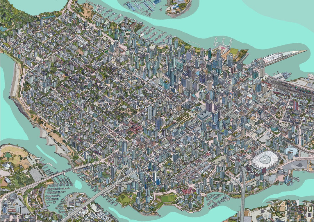 Map of Dowtown Vancouver BC Canada - Detailed - Etsy
