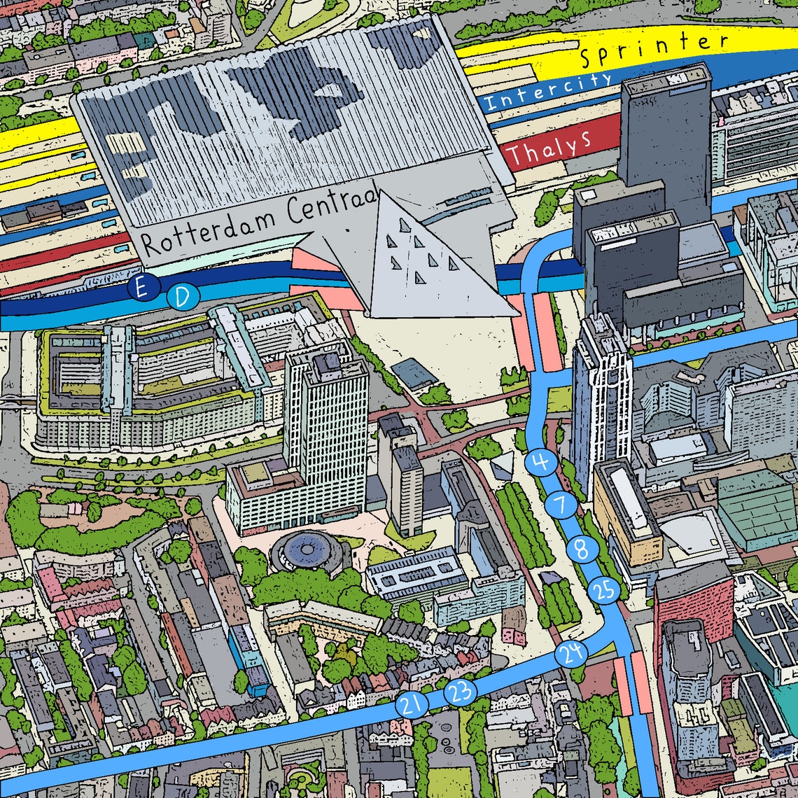 Map of Rotterdam Showing Transit Lines and Buildings 20 X 28 Inches - Etsy