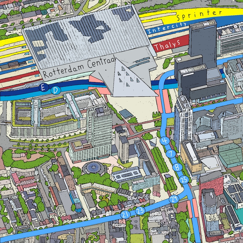 Map of Rotterdam Showing Transit Lines and Buildings 20 X 28 Inches - Etsy