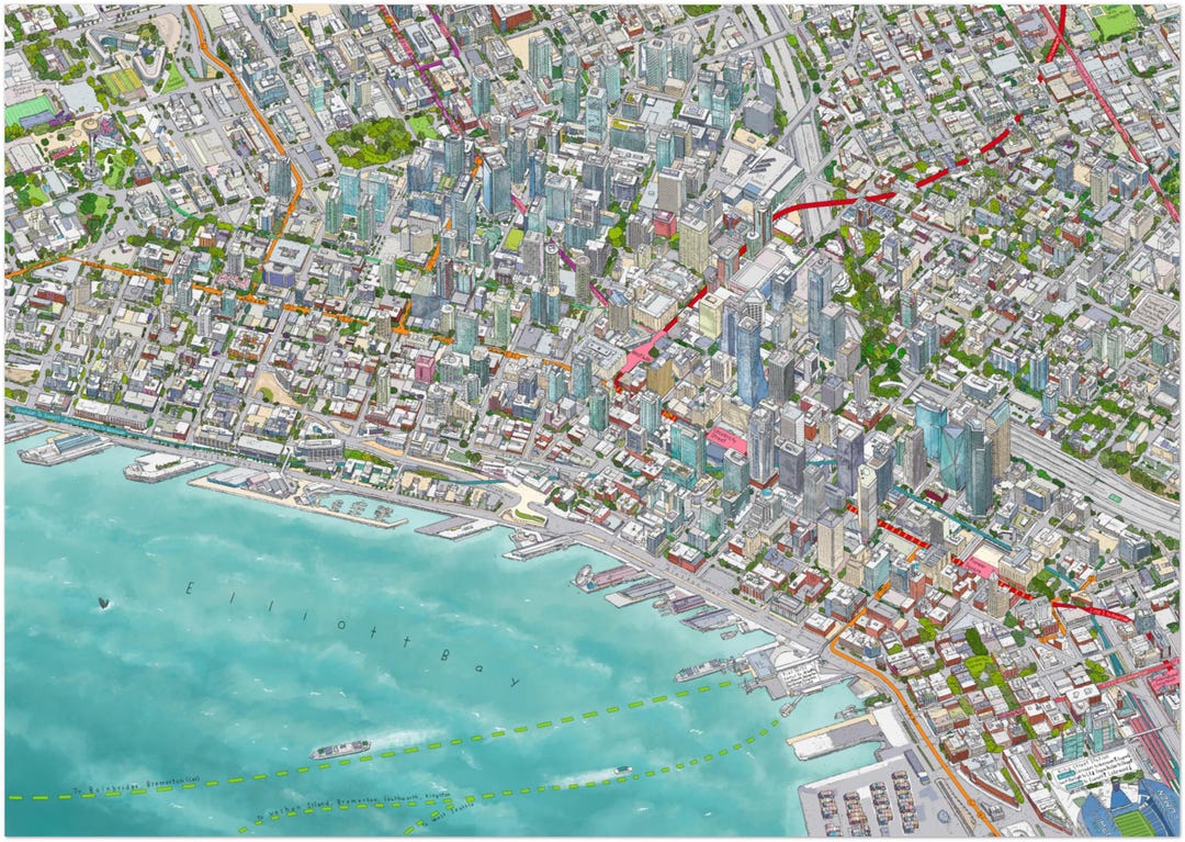 Map of Seattle Downtown Showing Transit and Buildings - Etsy