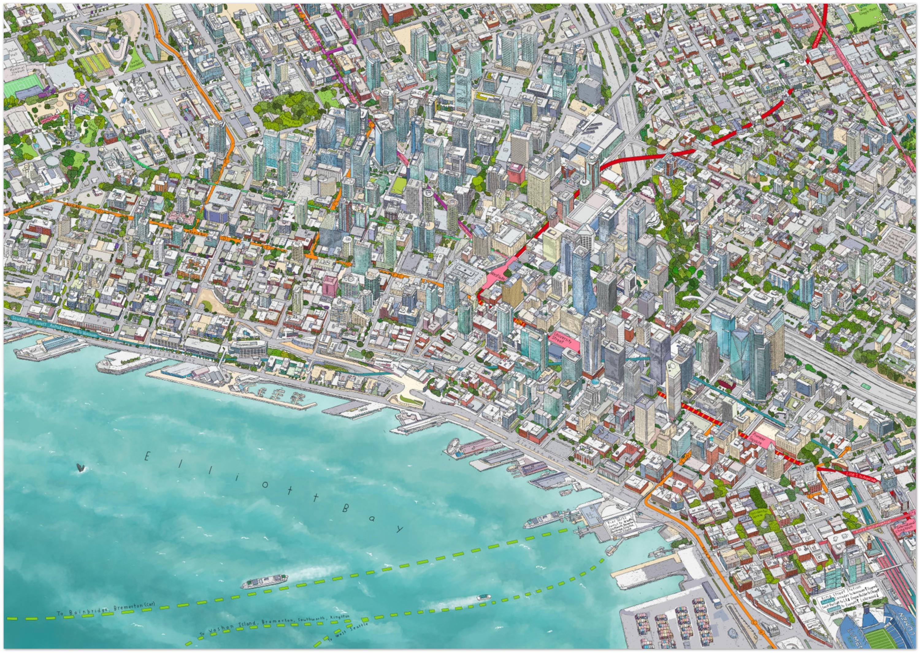 Map of Seattle Downtown Showing Transit and Buildings - Etsy