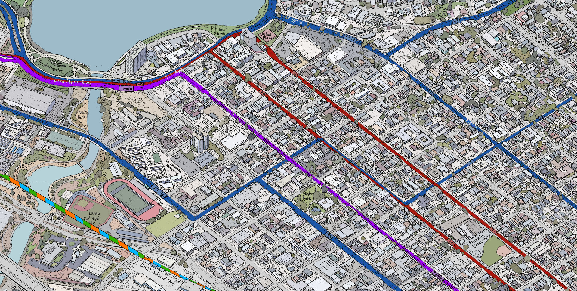 Map of Oakland CA. 32 X 23.5 Shows All Transit and 3d Buildings. BART ...