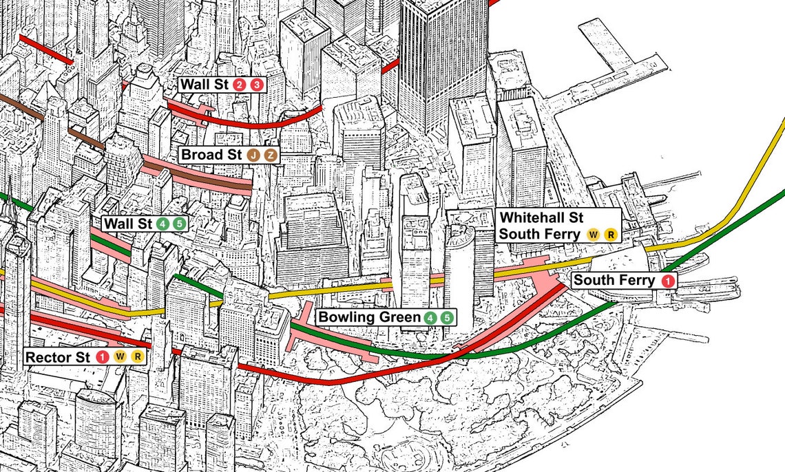 Map of Lower Manhattan With Subways and 3D Buildings Print - Etsy