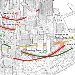 Map of Lower Manhattan With Subways and 3D Buildings - Print 35" X 23 ...