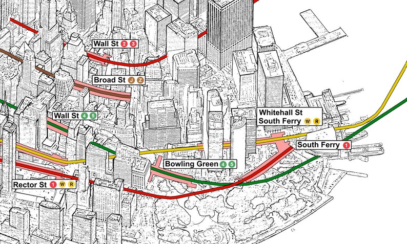 Map of Lower Manhattan With Subways and 3D Buildings - Print 35" X 23 ...