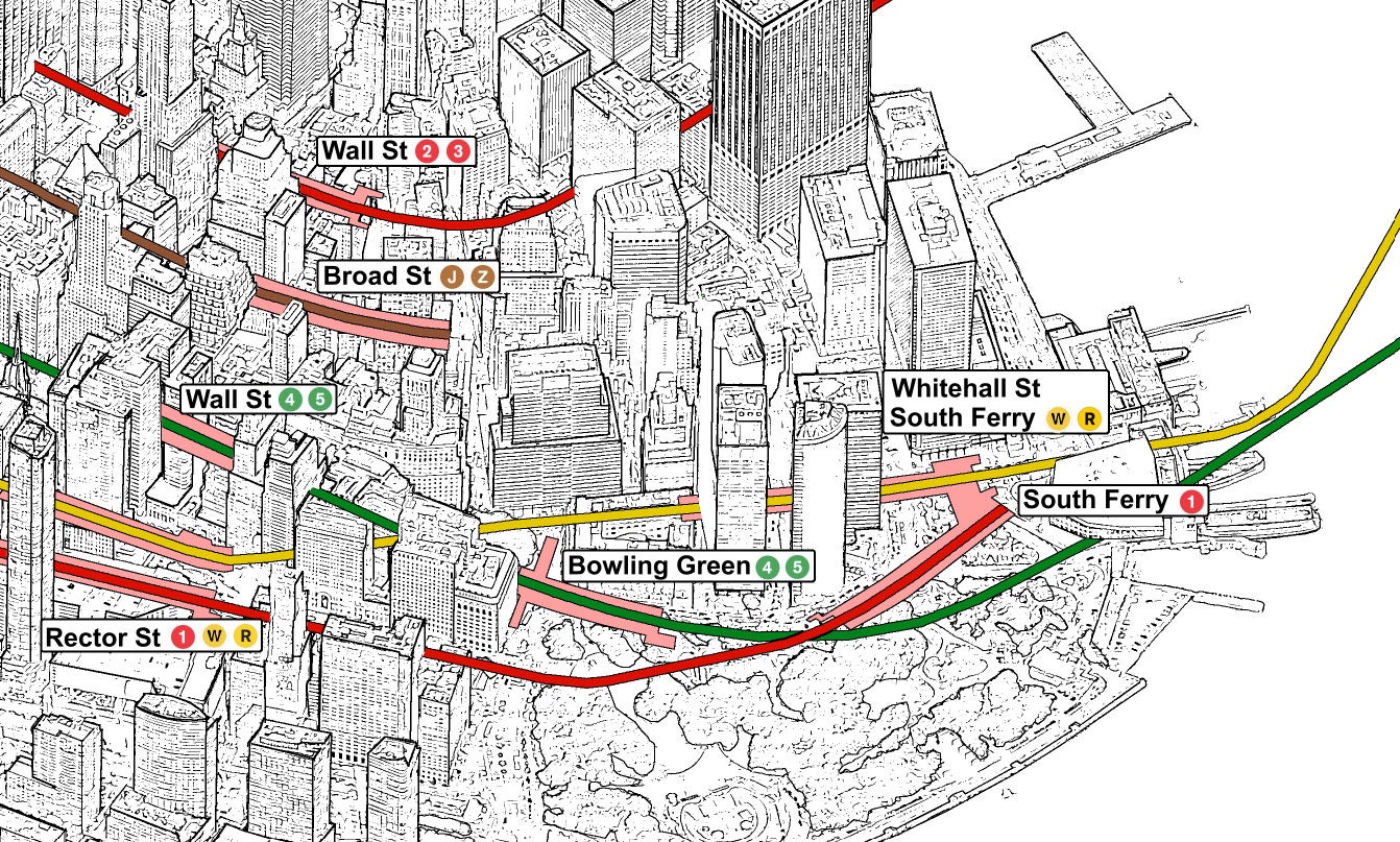 Map of Lower Manhattan With Subways and 3D Buildings - Print 35" X 23 ...