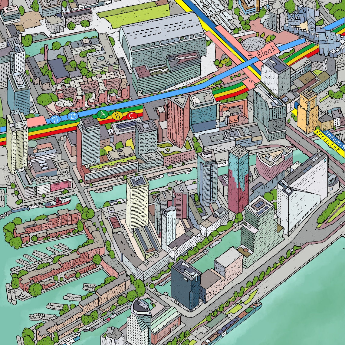Map of Rotterdam Showing Transit Lines and Buildings 20 X 28 Inches - Etsy