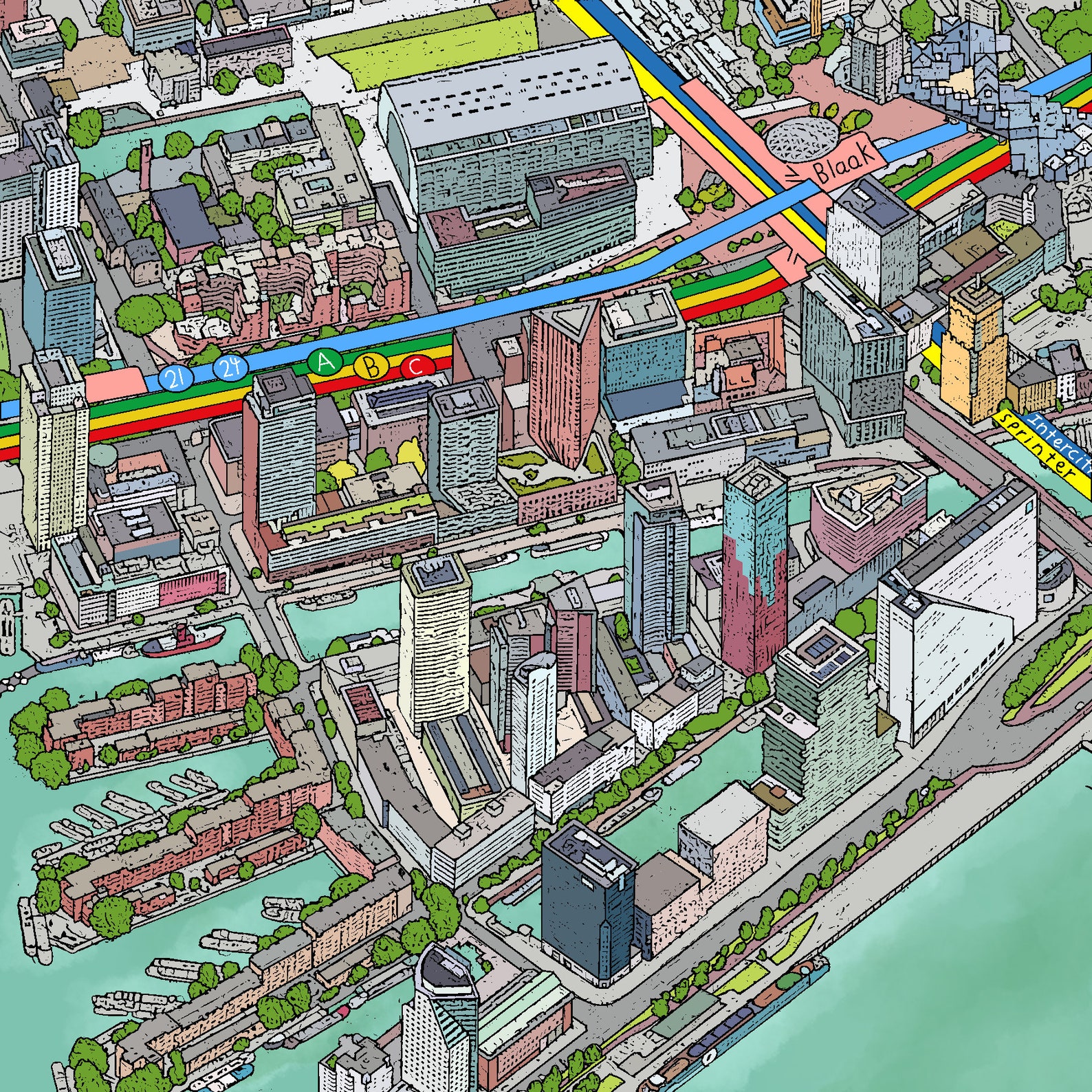Map of Rotterdam Showing Transit Lines and Buildings 20 X 28 Inches - Etsy