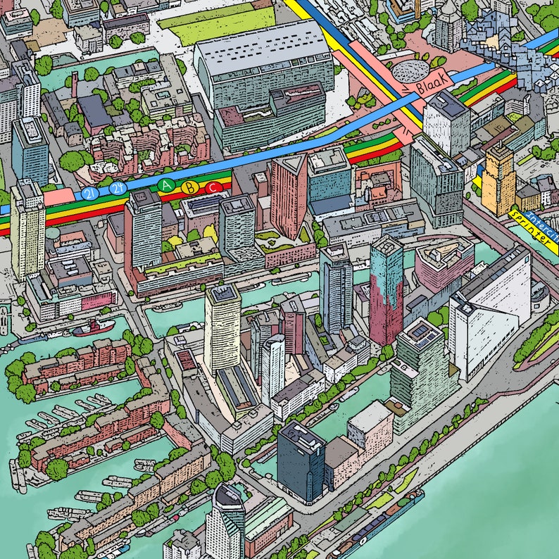 Map of Rotterdam Showing Transit Lines and Buildings 20 X 28 Inches - Etsy