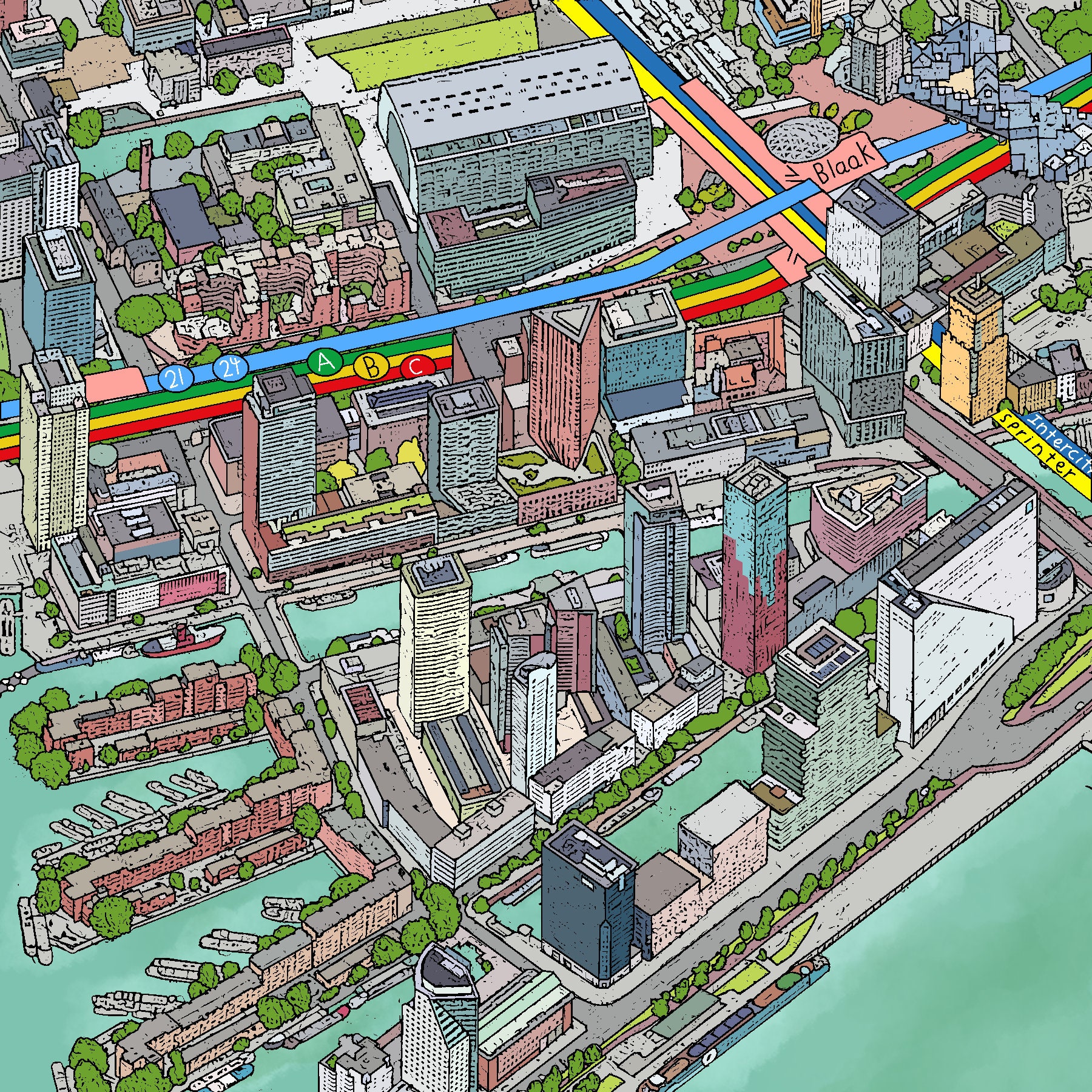 Map of Rotterdam Showing Transit Lines and Buildings 20 X 28 Inches - Etsy