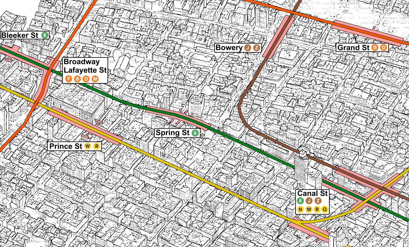 Map of Lower Manhattan With Subways and 3D Buildings - Print 35" X 23 ...