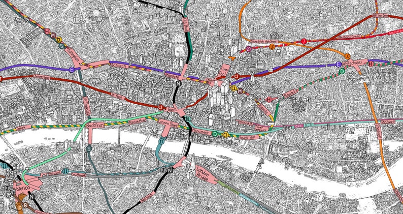 Map of London Showing Rail Lines and Buildings - Etsy