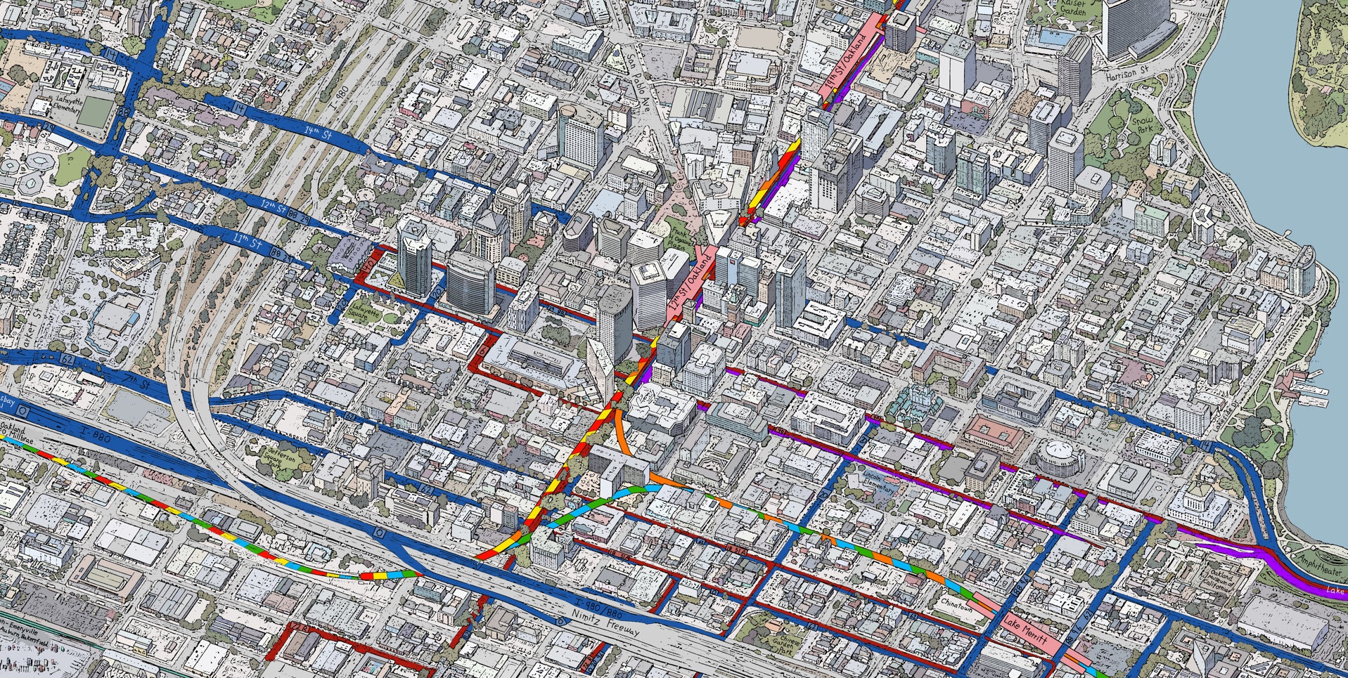 Map of Oakland CA. 32 X 23.5 Shows All Transit and 3d Buildings. BART ...