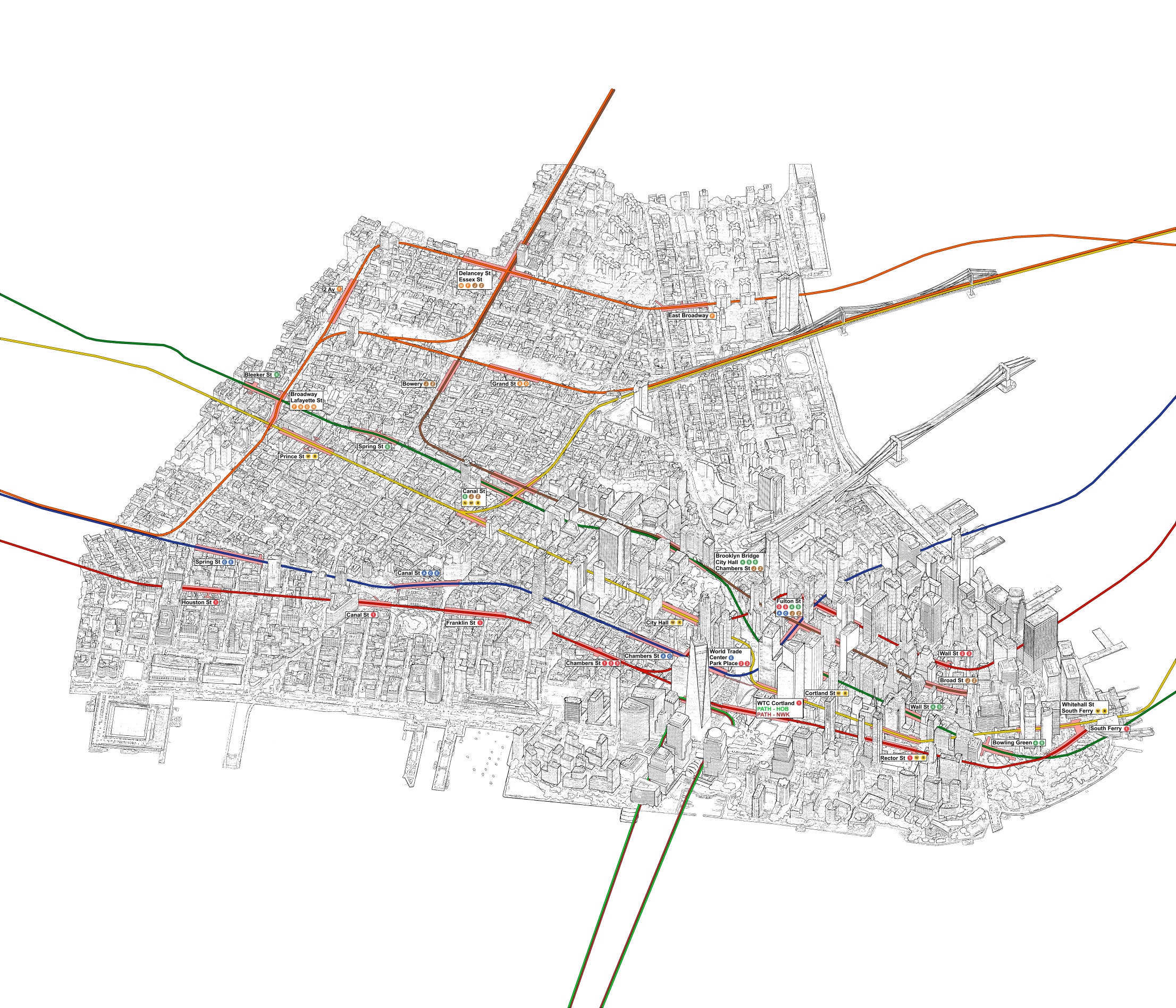 Map of Lower Manhattan With Subways and 3D Buildings - Print 35" X 23 ...