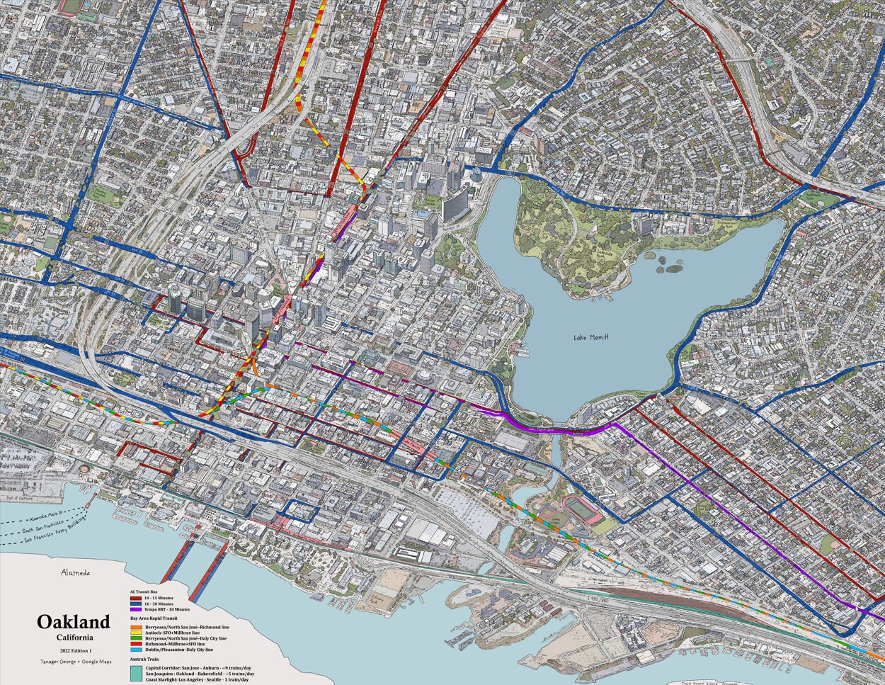 Map of Oakland CA. 32" X 23.5" Shows All Transit and 3d Buildings. BART ...