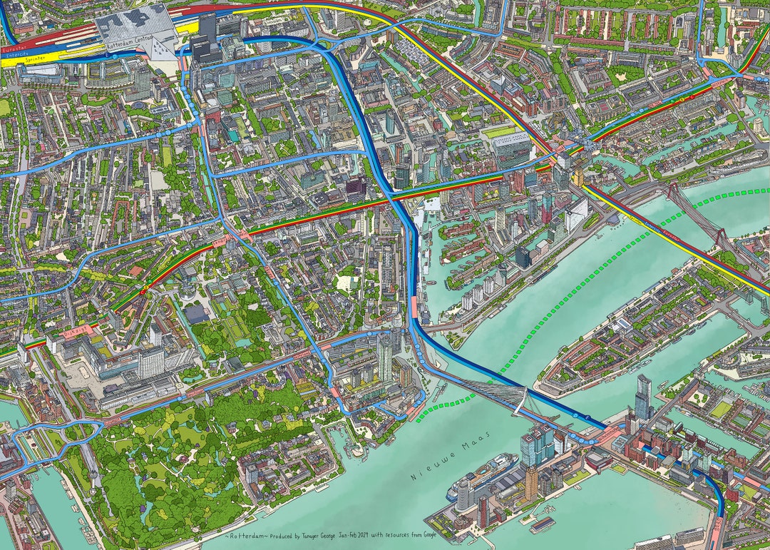 Map of Rotterdam Showing Transit Lines and Buildings 20 X 28 Inches - Etsy