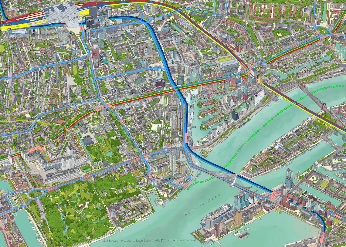 Map of Rotterdam Showing Transit Lines and Buildings 20 X 28 Inches - Etsy