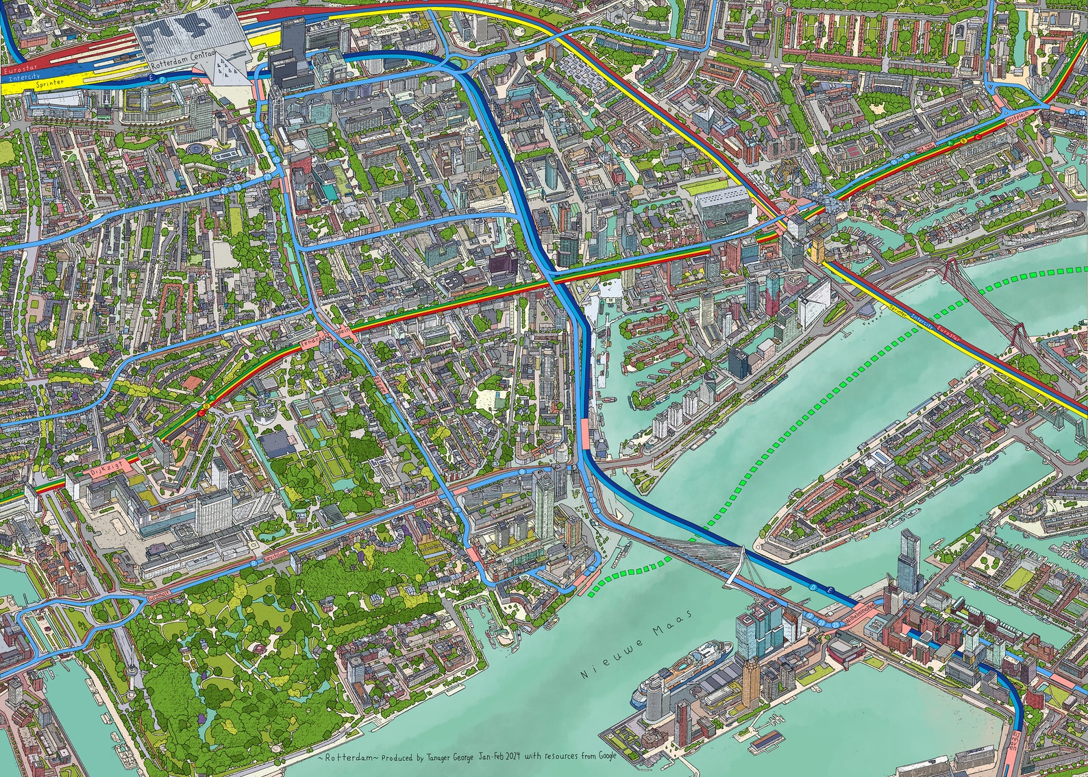 Map of Rotterdam Showing Transit Lines and Buildings 20 X 28 Inches - Etsy